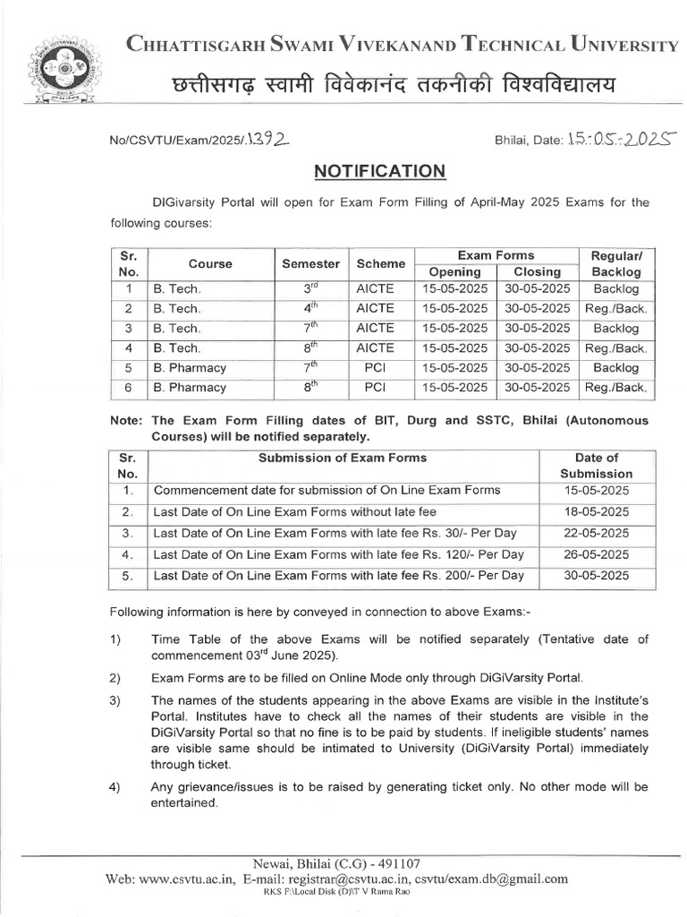 CSVTU Notification Exam Form Filling of April-May 2025 Examinations | PDF