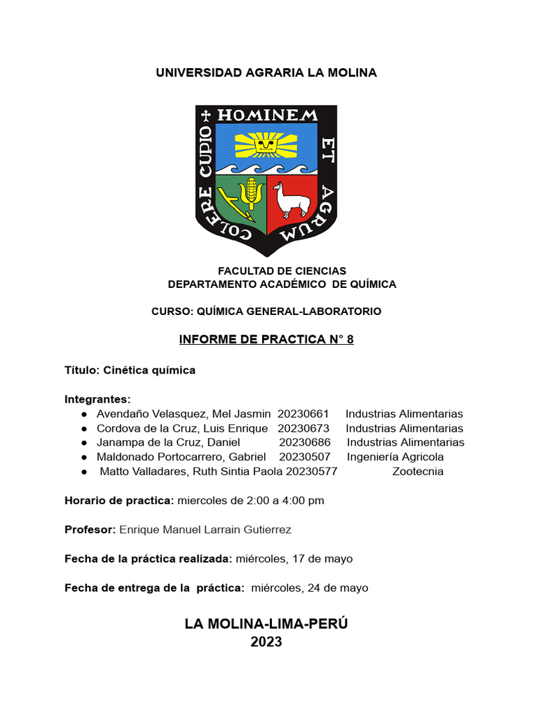 Informe 8 | PDF | Reacciones químicas | Velocidad de reacción