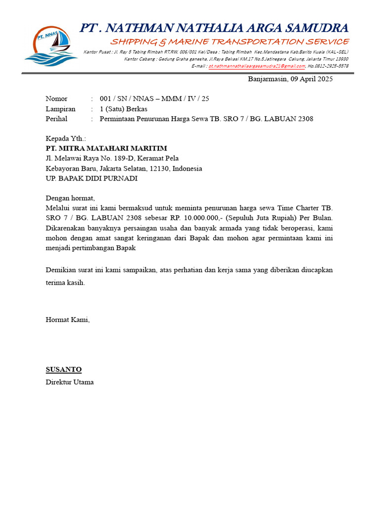 Draft Surat Negosiasi Harga Sewa Kapal | PDF