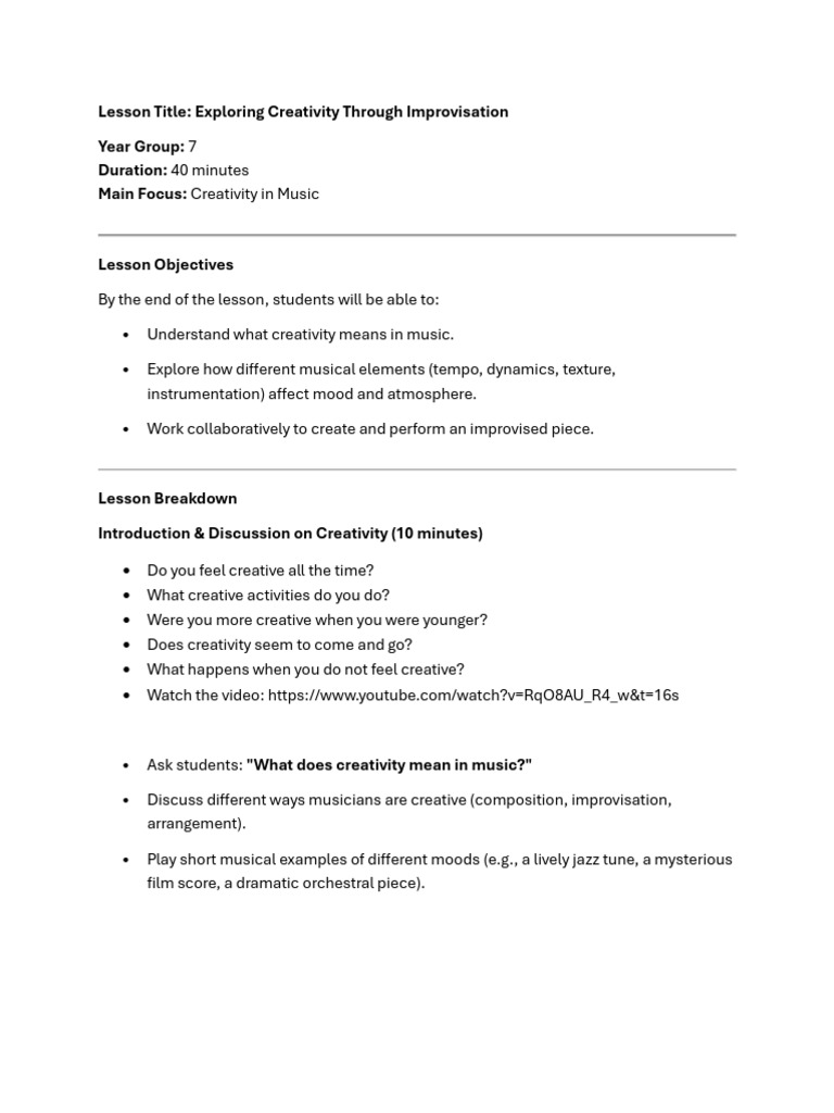Lesson Plan Creativity Year 7 | PDF