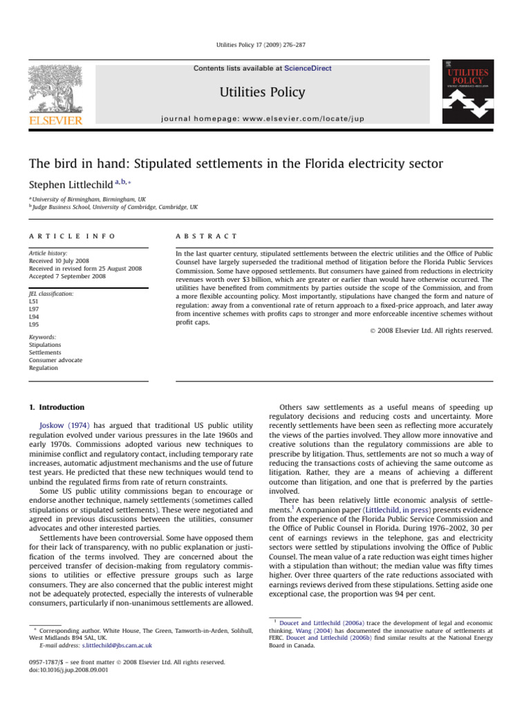 Stipulated Settlements in The Florida Electricity Sector 2009 | PDF ...