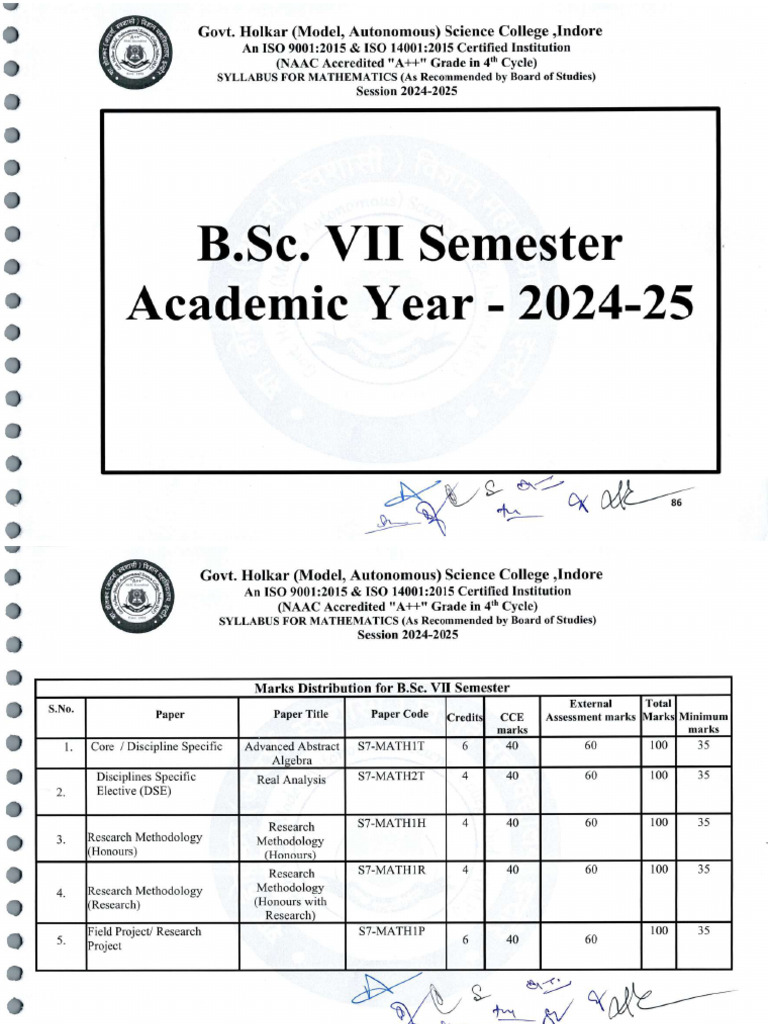 BSC VII SEMESTER Syllabus MAJOR MATHEMATICS 2024-2025 | PDF