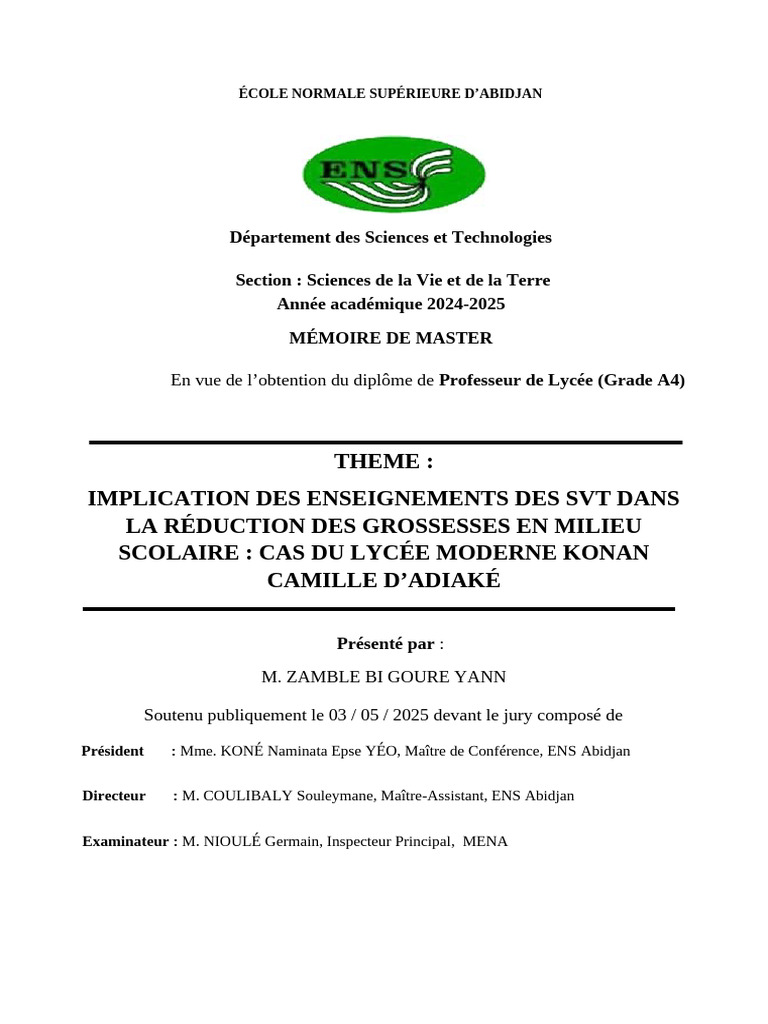 Mémoire ENS Corrgé ZAMBLE Bi | PDF | Grossesse précoce | Grossesse