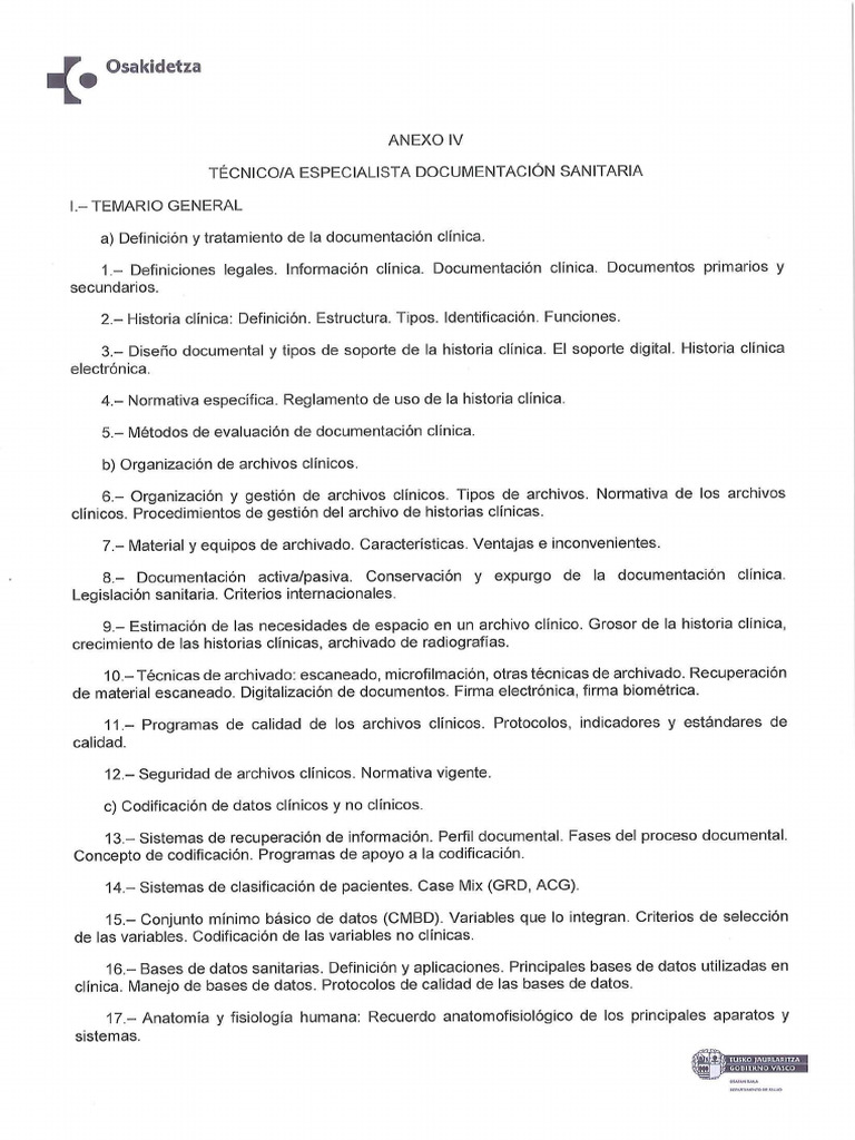 TEMARIO OSA Tec Documentacion Sanitaria | PDF