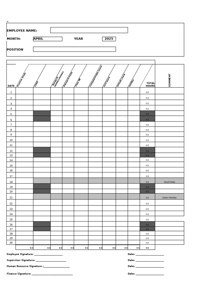 April 2025 Timesheet Edited | PDF