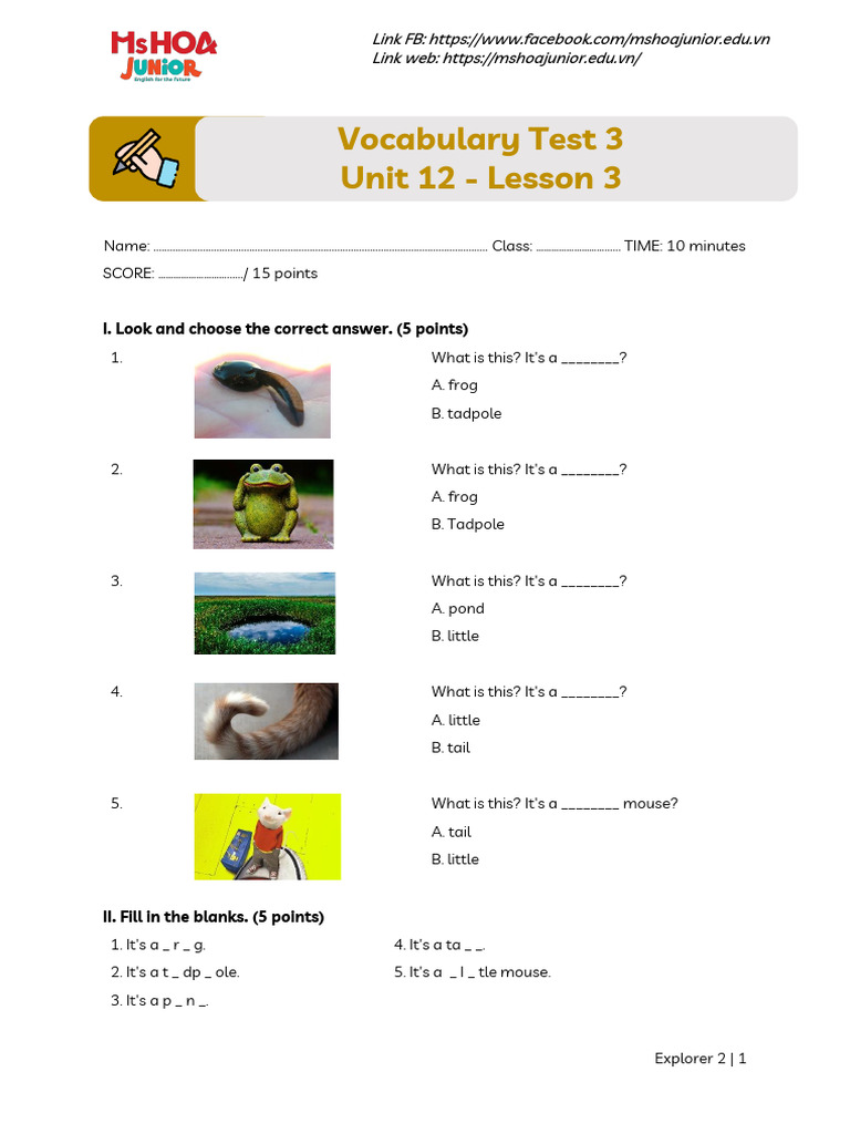 Vocab Test 3 - Unit 12 - Lesson 3 | PDF | Frog | Amphibian