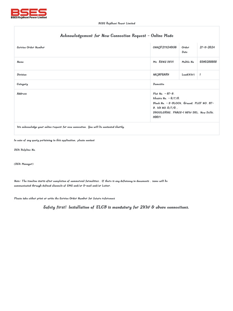 BSES Rajdhani Power Limited | PDF