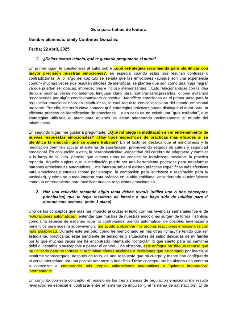 Ficha de Lectura 4 Emily Contreras | PDF | Las emociones ...