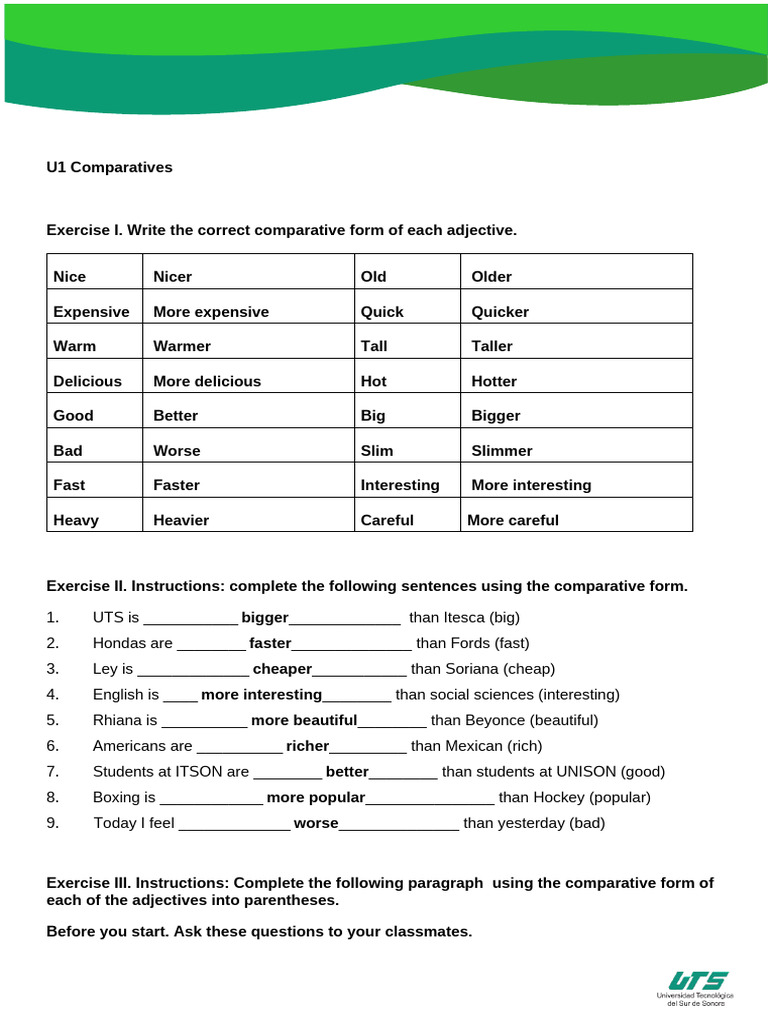 Fill in The Blanks Comparatives | PDF