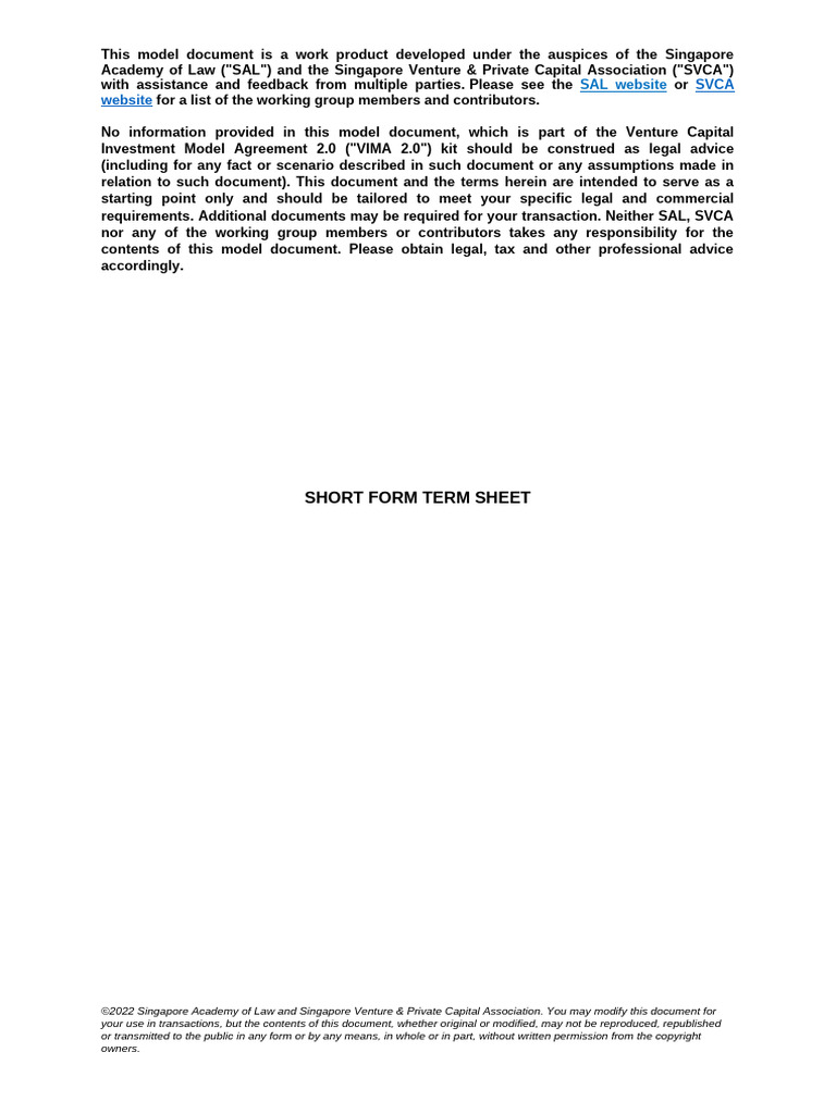 VIMA 2.0 Model Term Sheet (Short Form) | PDF | Arbitration | Mediation