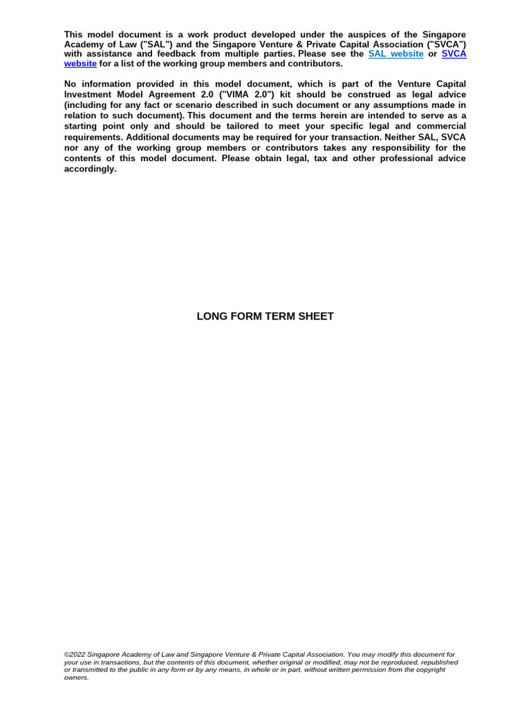 VIMA 2.0 Model Term Sheet (Long Form) | PDF | Securities (Finance) | Board Of Directors