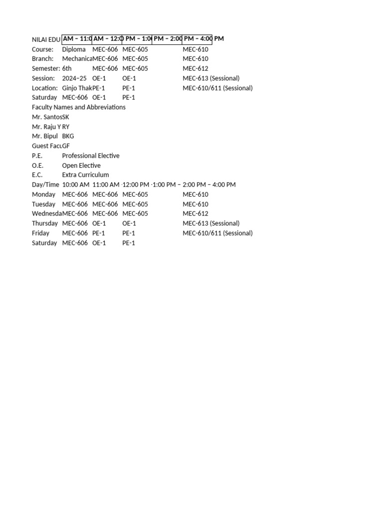 Diploma 6th Sem Timetable | PDF