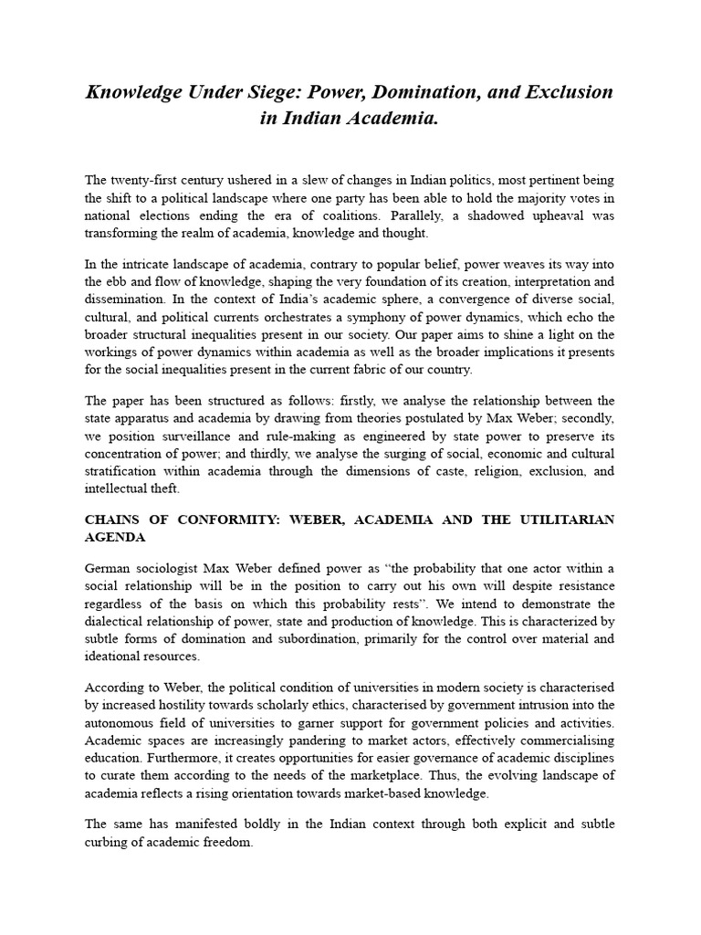 Knowledge Under Siege - Power, Domination, and Exclusion in Indian Academia (Paper) | PDF ...