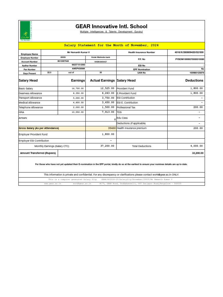GEAR_AY2024-25_SalarySlip_November_20035_Mr Hemanth Kumar V | PDF | Expense | Government Finances