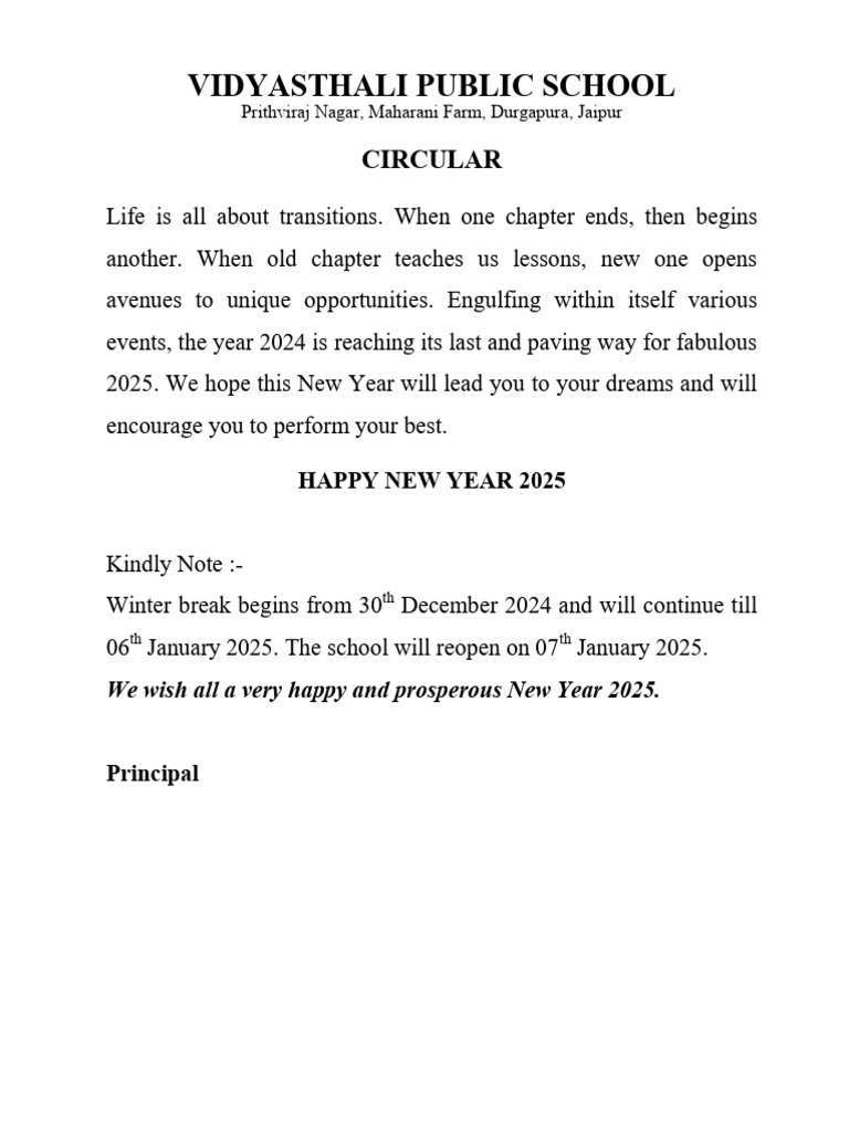 Circular For Winter Break (2024) | PDF