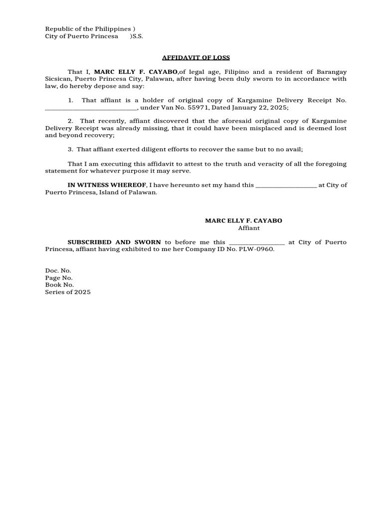 Aff of Loss - Receipt | PDF