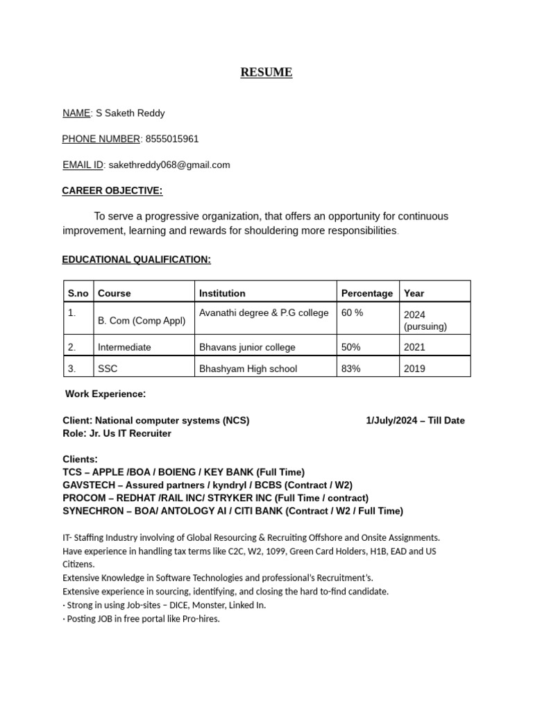 Foundit Shellam - Saketh.Reddy-profile | PDF | Recruitment