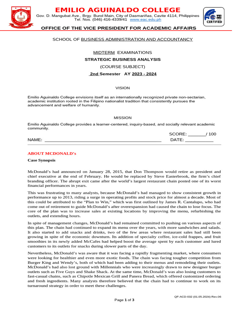 SBA Midterm Mcdonald's Q 2sem2324 | PDF | Mc Donald's | Hamburgers