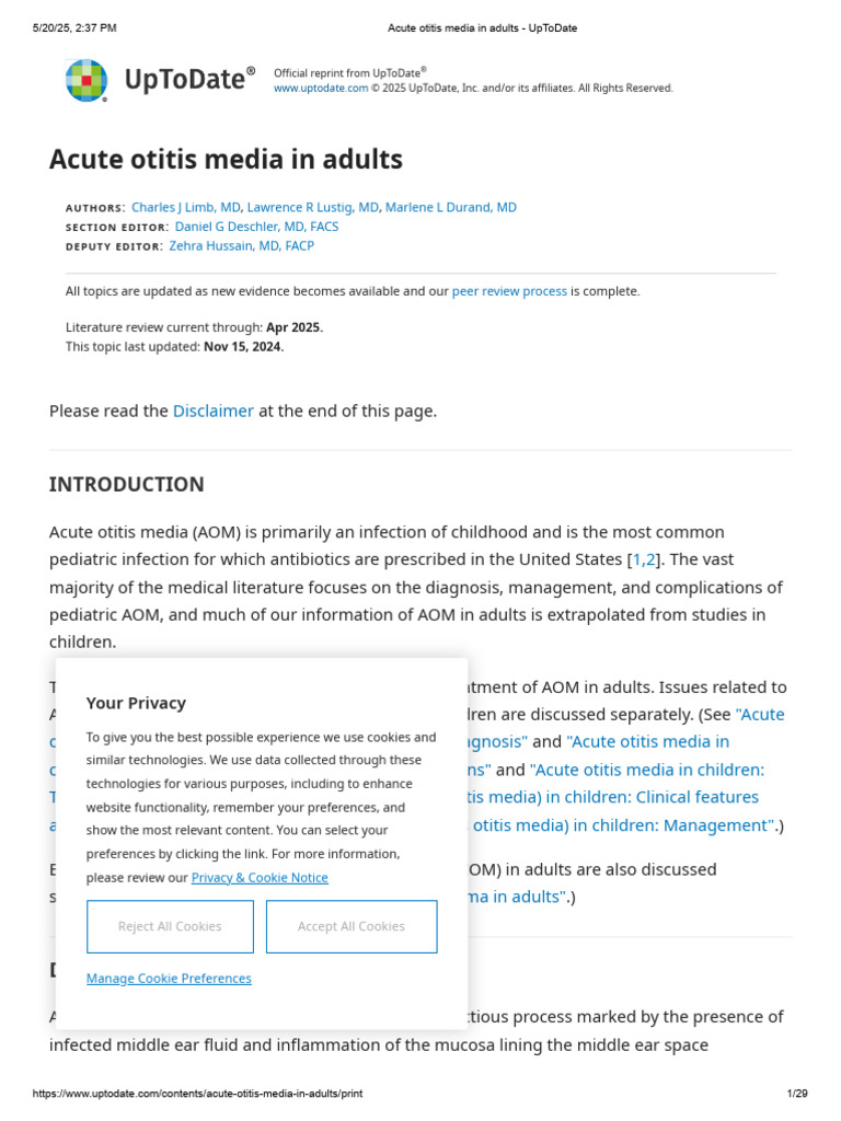 Acute Otitis Media in Adults Guide | PDF | Pneumonia | Medical Specialties