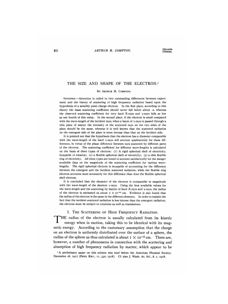 The Size and Shape of The Electron (Compton 1919) | PDF | Electron ...