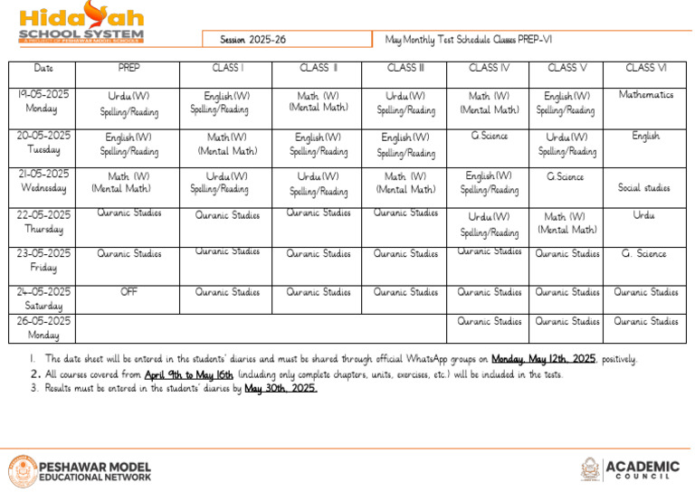 HDY May-Monthly Test Schedule 2025-26 | PDF