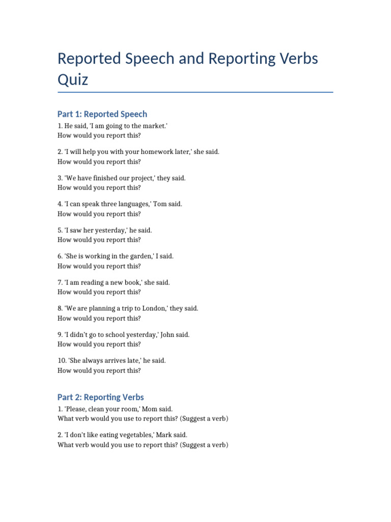 Reported Speech and Reporting Verbs Quiz | PDF