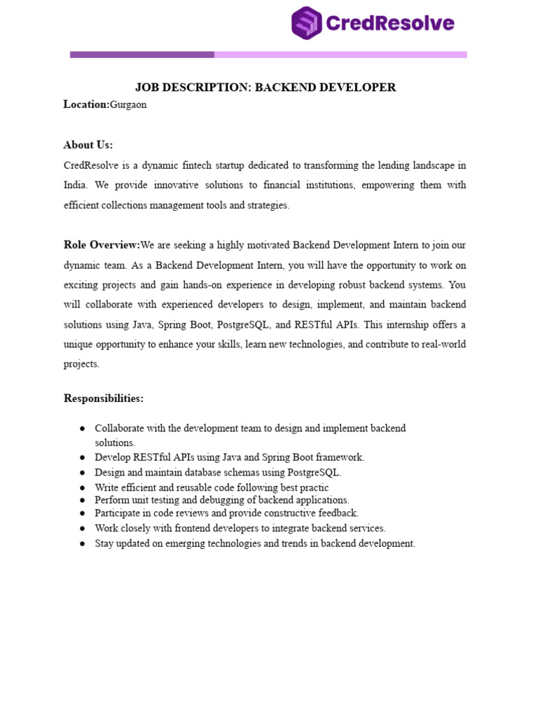 JD for Backend Developer | PDF | Computing