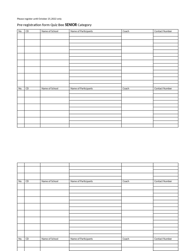 Quiz Pre Registration Form Senior Category | PDF