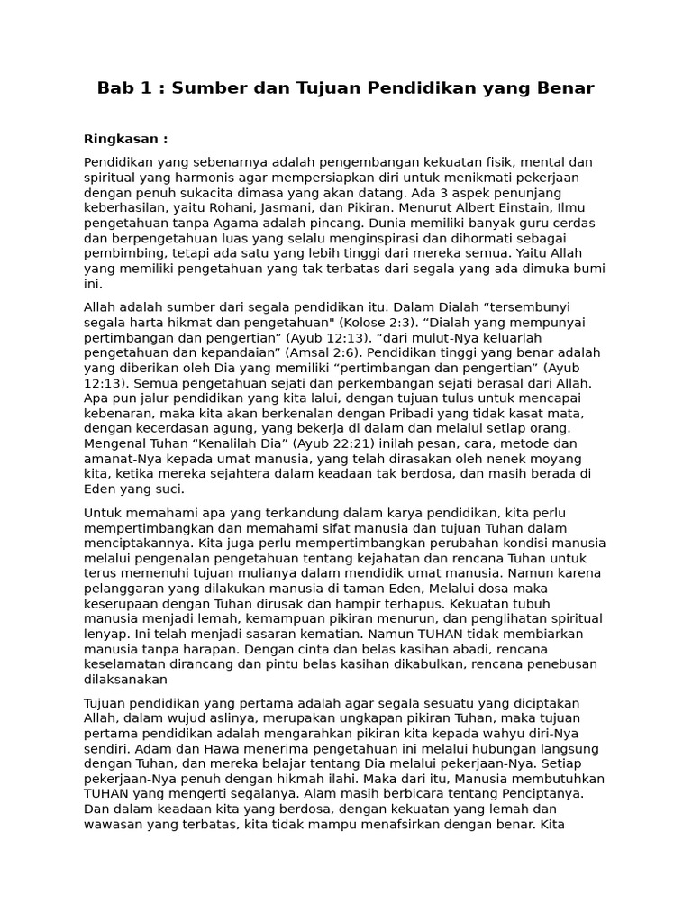 Ringkasan Bab 1 - Sumber Dan Tujuan Pendidikan Yang Benar | PDF