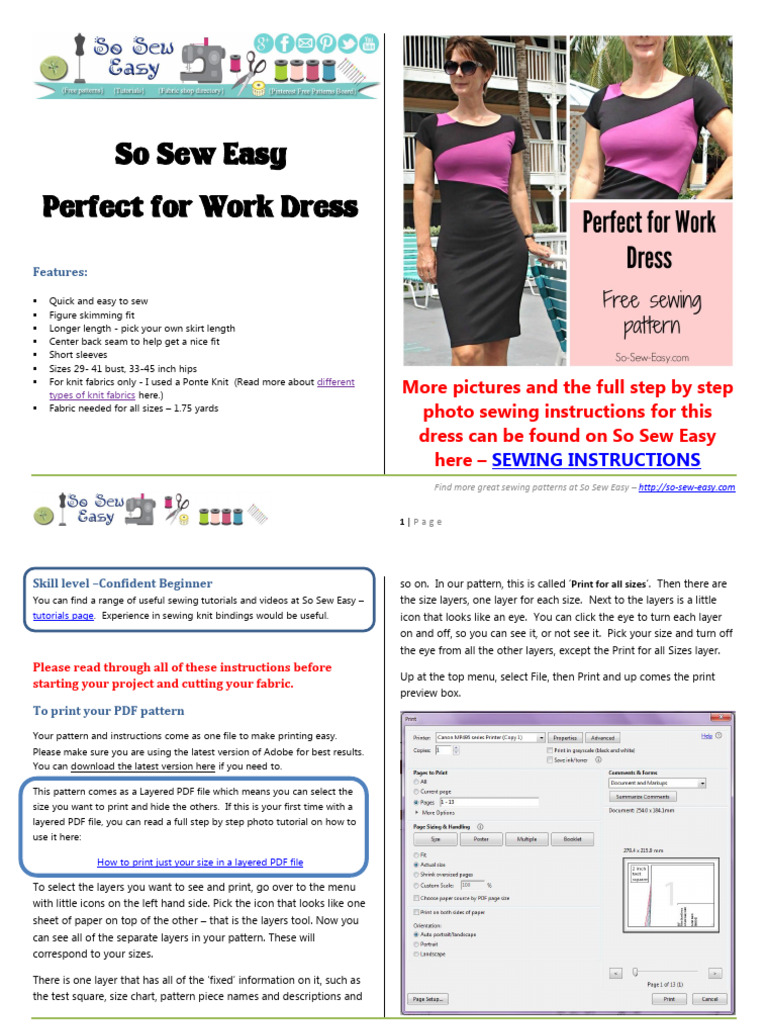 So Sew Easy - Perfect for Work Dress - Pattern and Instructions | PDF ...