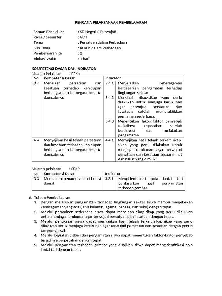 RPP Simulasi Kelas Vi Topik Persatuan Dalam Perbedaan | PDF