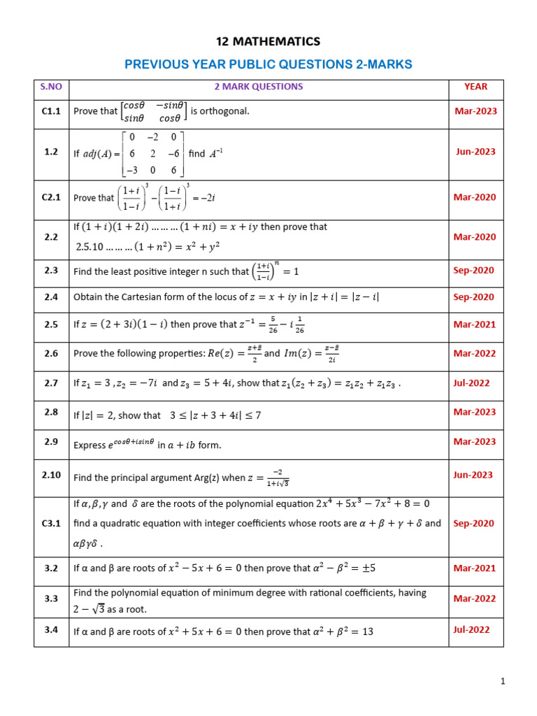 12maths Public 2marks EM | PDF | Mathematical Analysis | Mathematical Objects