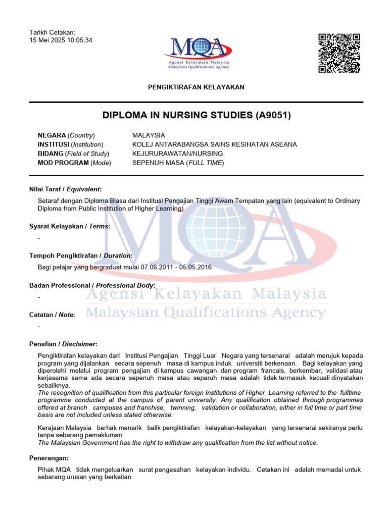 sijil MQA ASEANA | PDF