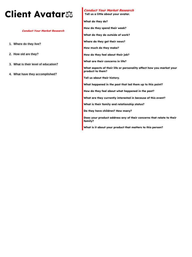 Client Avatar Worksheet by @javanzhangbiz On YT, IG, TikTok, & X | PDF