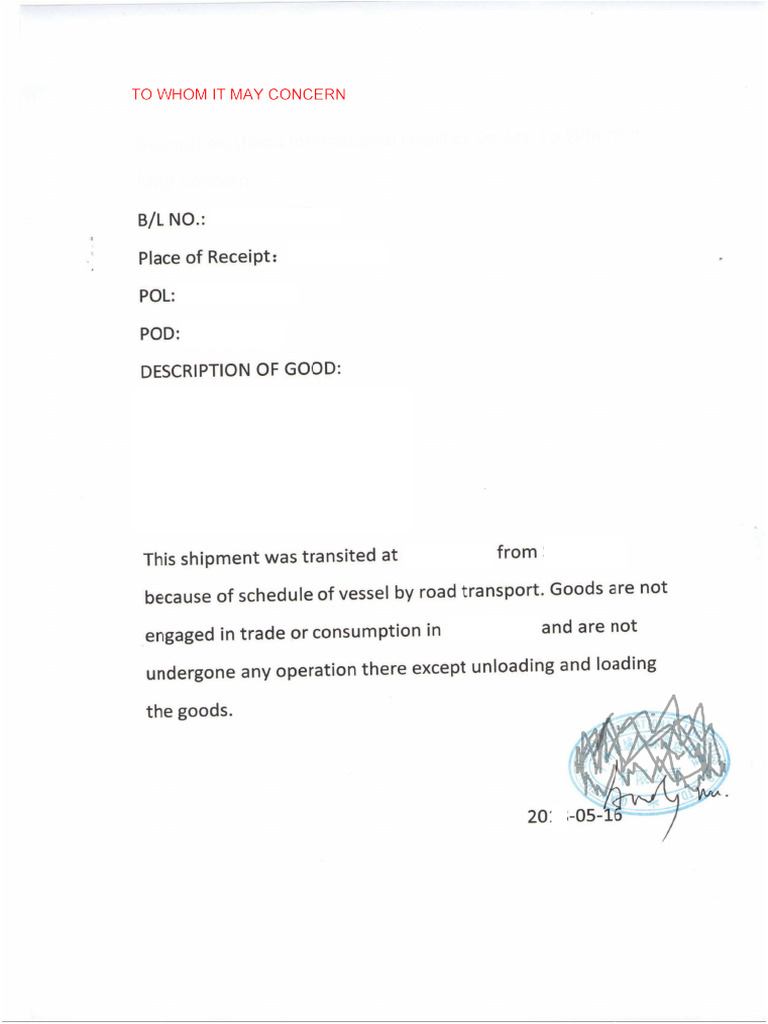 Sample Letter of Transhipment | PDF