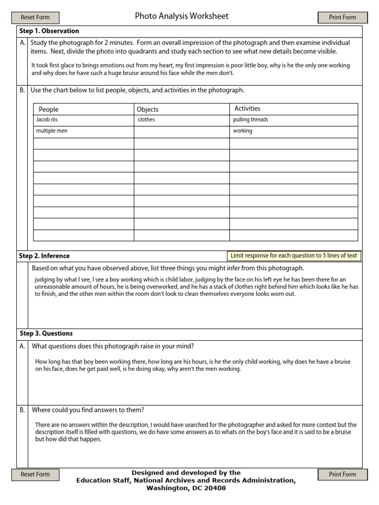 Photo Analysis Worksheet Former | PDF
