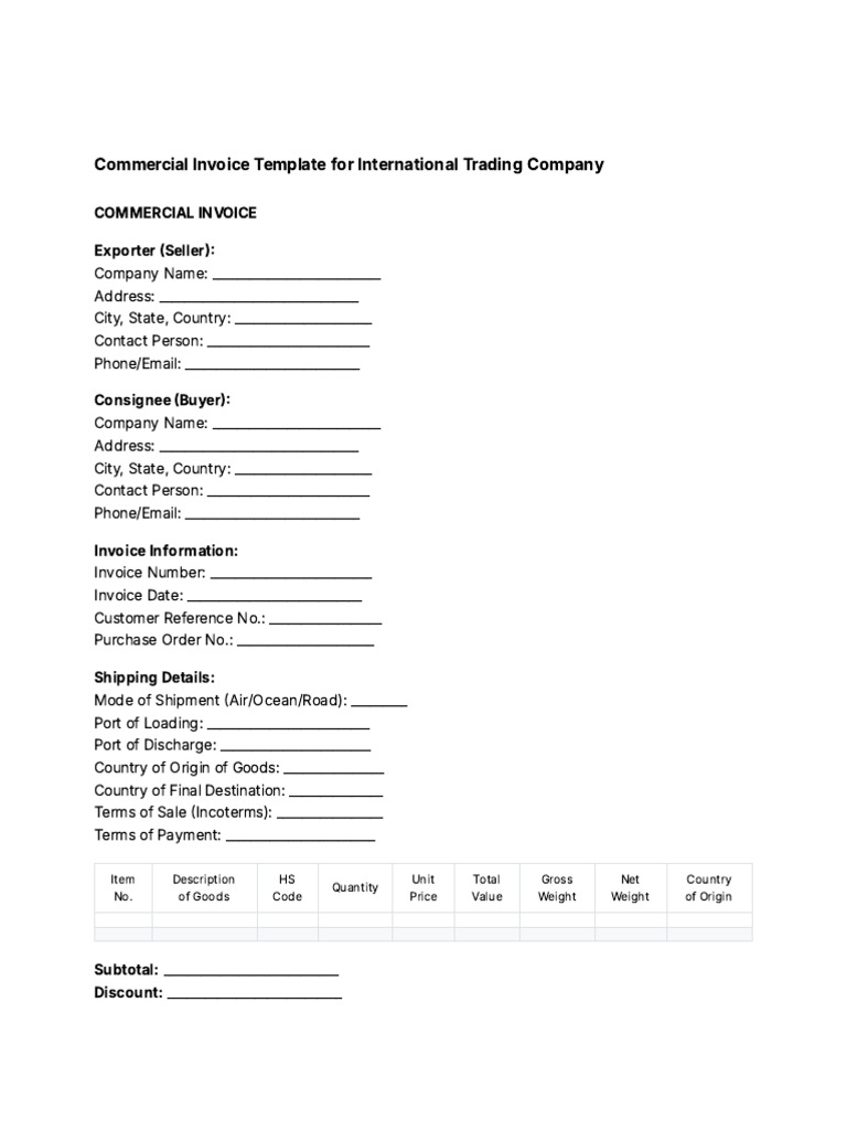 Commercial Invoice Template For International Trad | PDF | Invoice ...