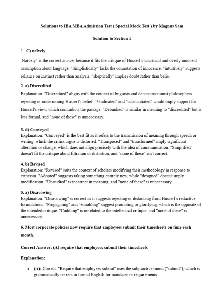 Solutions For IBA Admission Test Mock Test (Level A) - Magnus Sam | PDF ...