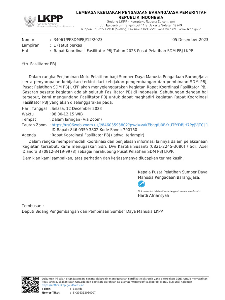 Surat Dinas_Rapat Koordinasi Fasilitator PBJ Tahun 2023 Pusat Pelatihan SDM PBJ LKPP | PDF