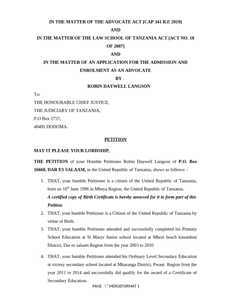 Petition for Advocate Admission in Tanzania | PDF | Vocational ...