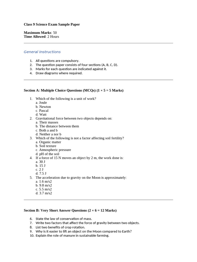 Class 9 Science Exam Sample Paper | PDF | Force | Gravity
