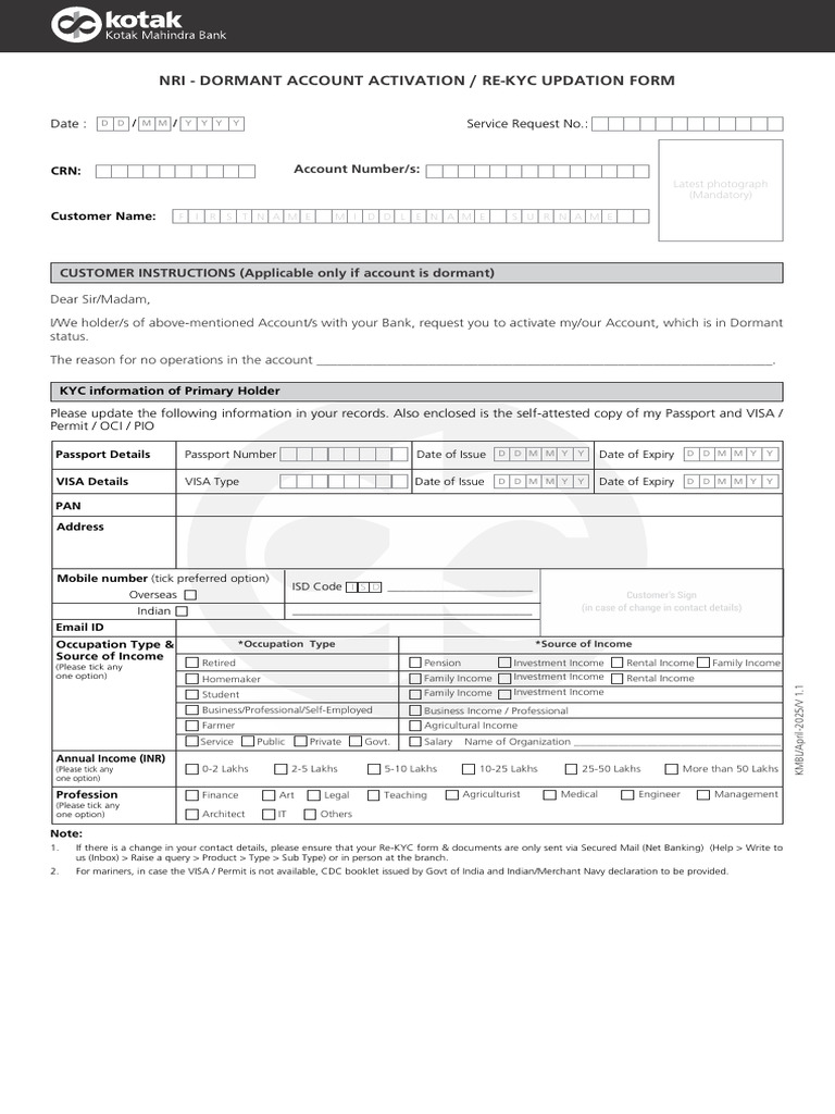 Annexure C Combined Request For Dormant Account Activation and Re Kyc Updation of Non Resident ...