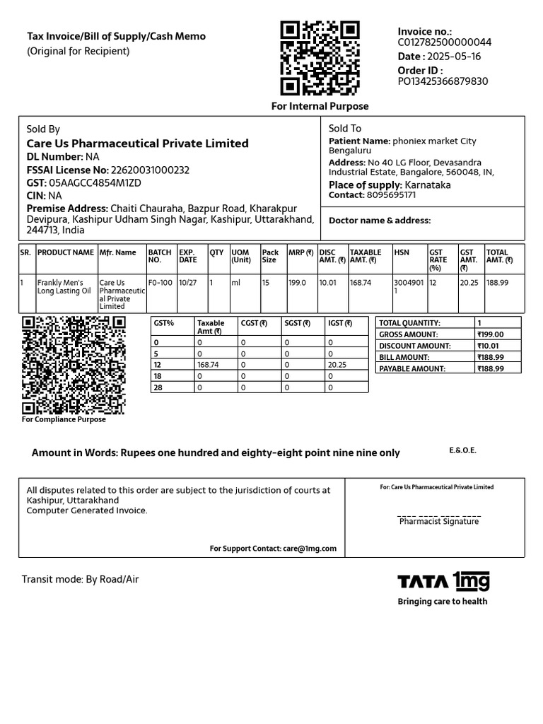Care Us Pharmaceutical Private Limited: Tax Invoice/Bill of Supply/Cash ...