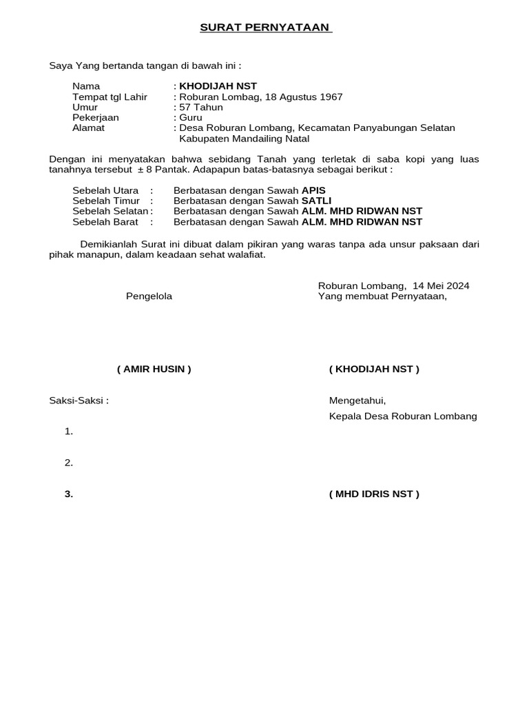 Surat Pernyataan Tanah 2024 Roburan Lombang | PDF