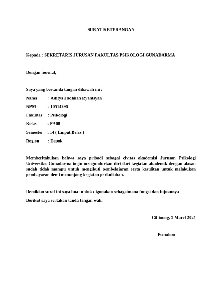 Surat Keterangan Pengunduran Diri Gunadarma | PDF