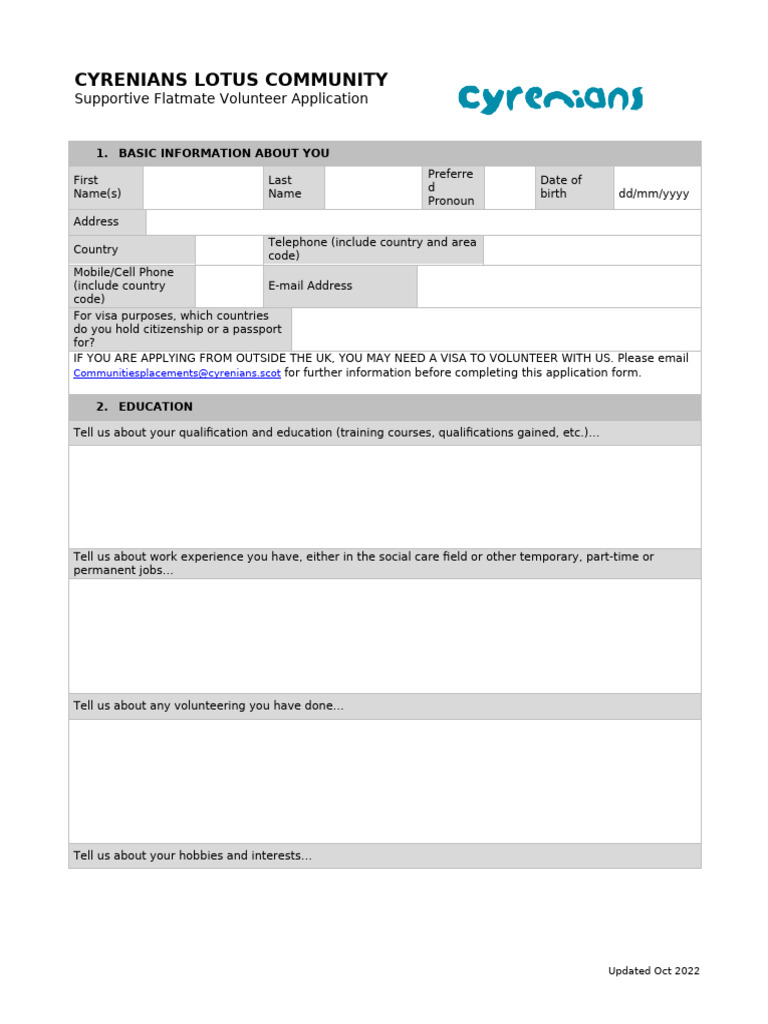 Lotus Volunteer Application Form Oct 2022 Original | PDF