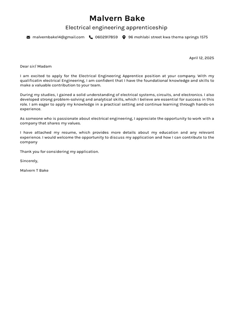 Malvern Bake FlowCV Cover Letter 20250412 | PDF