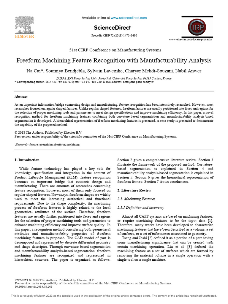 2018 - France - Freeform Machining Feature Recognition With Manufacturability Analysis - 2018 ...