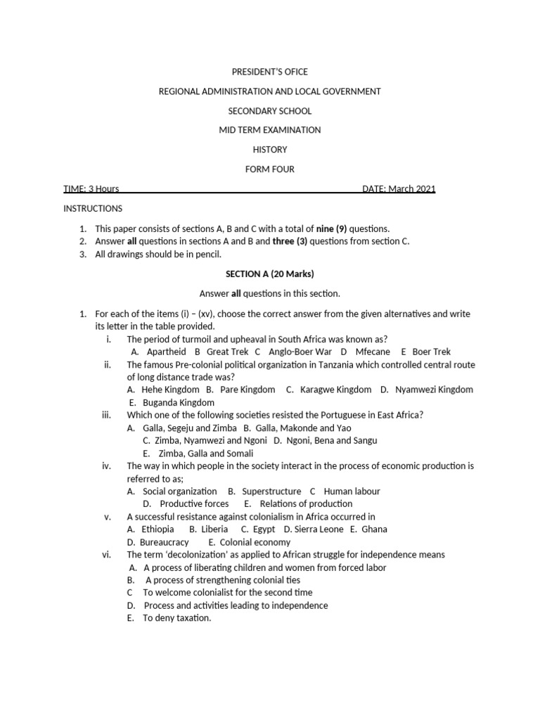 Form Four History Midterm Exam 2021 | PDF | East Africa | Colonialism