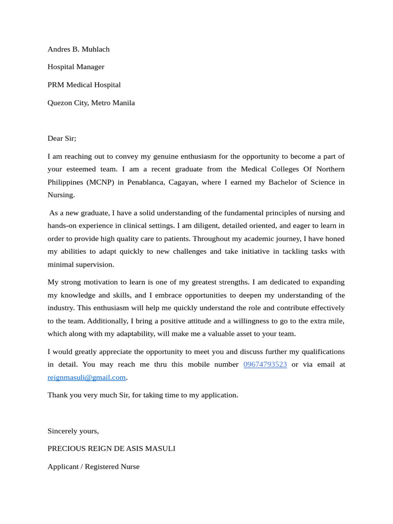 Application Letter Reign | PDF | Nursing | Cognition